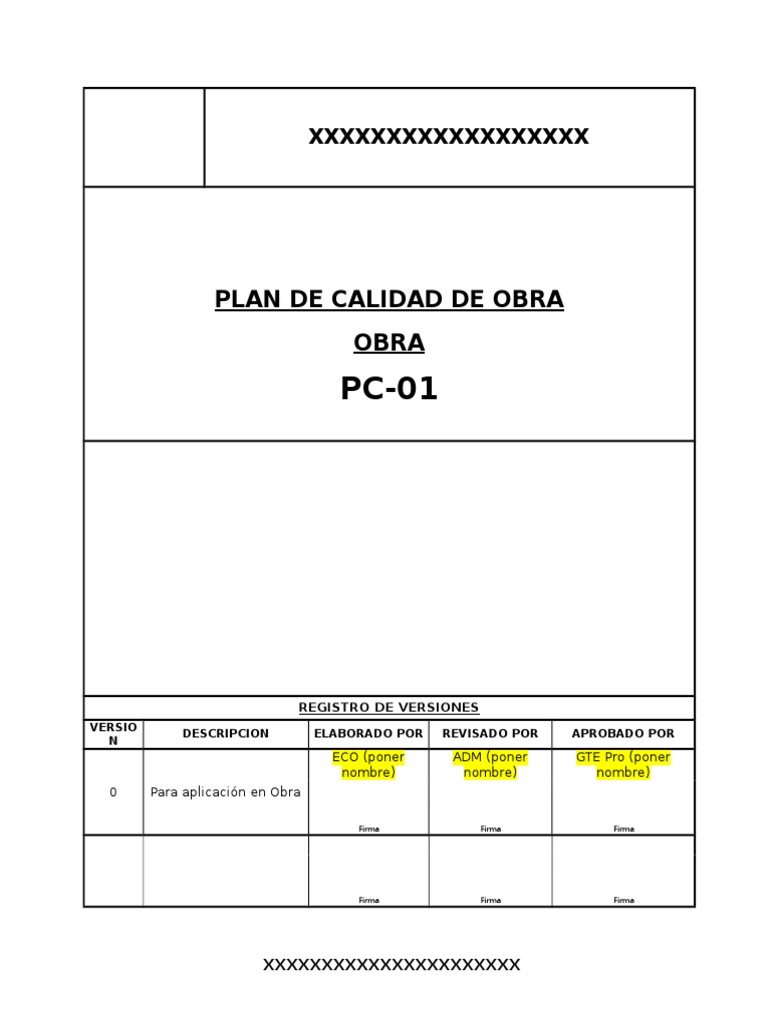 PC-01 Plan de Calidad de Obra - (Tipo) | PDF | Calidad (comercial) | Producción y fabricación