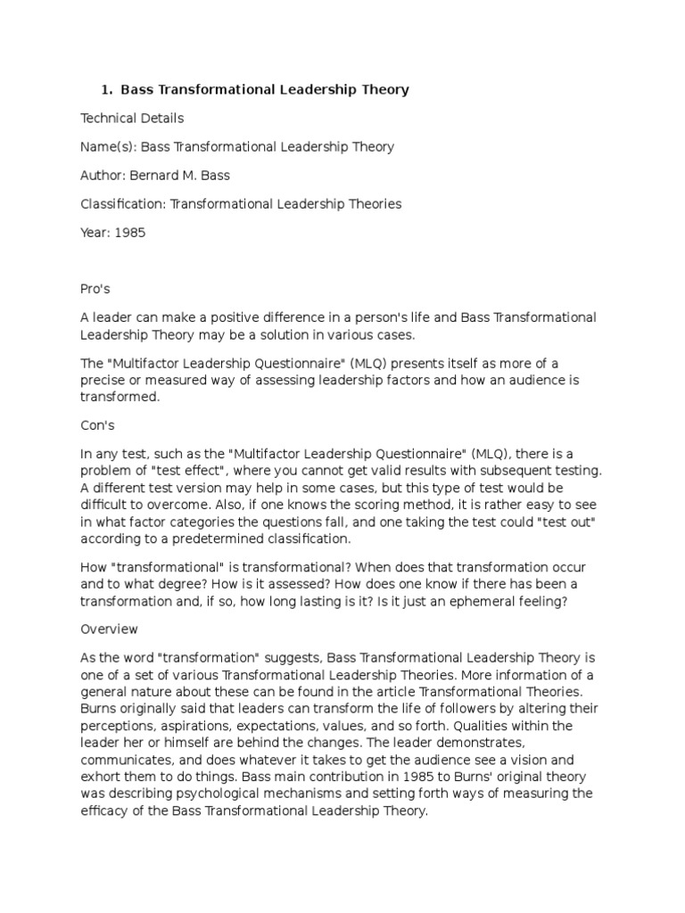 Bass Transformational Leadership Theory | PDF | Transformational Leadership | Leadership