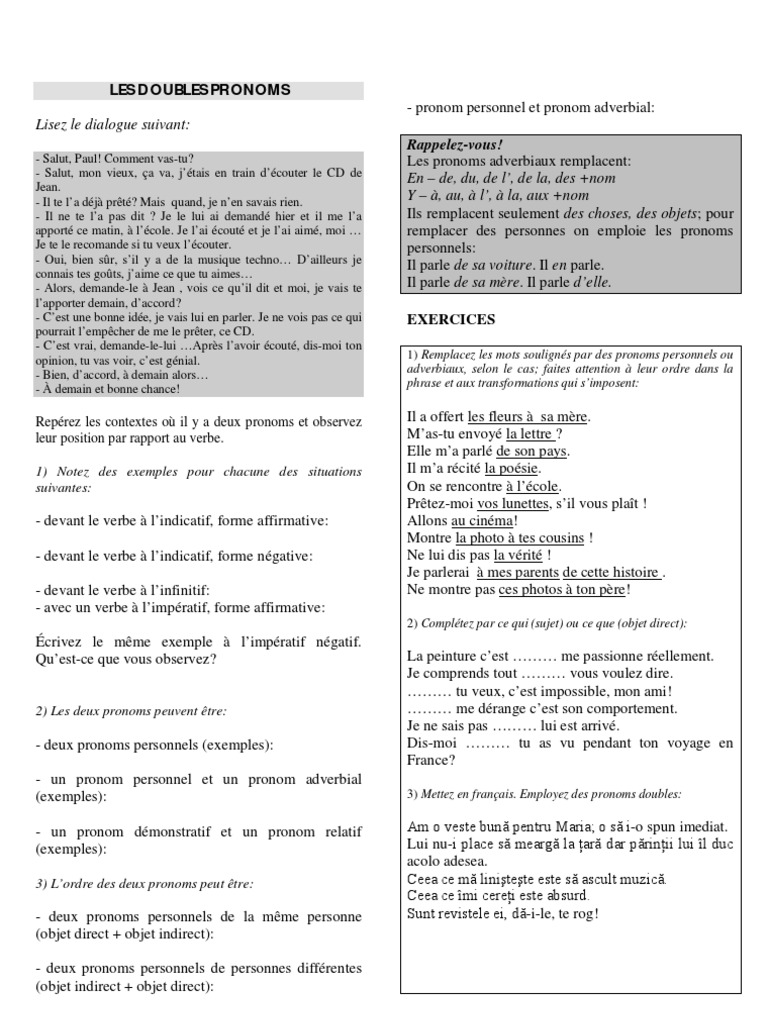 Les Doubles Pronoms | Pronom | Verbe