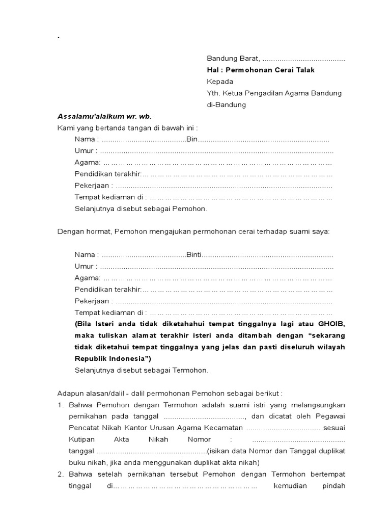 Format Contoh Surat Permohonan Cerai Talak (Suami Yang Mengajukan ...