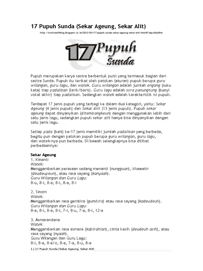 17 Pupuh Sunda (Sekar Ageung, Sekar Alit) | PDF | Seni & Disiplin Bahasa | Seni