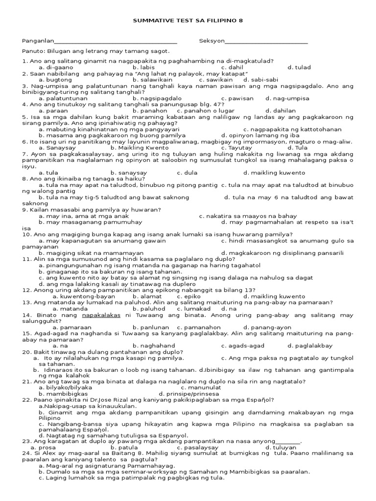 Summative Test Sa Filipino 8 | PDF