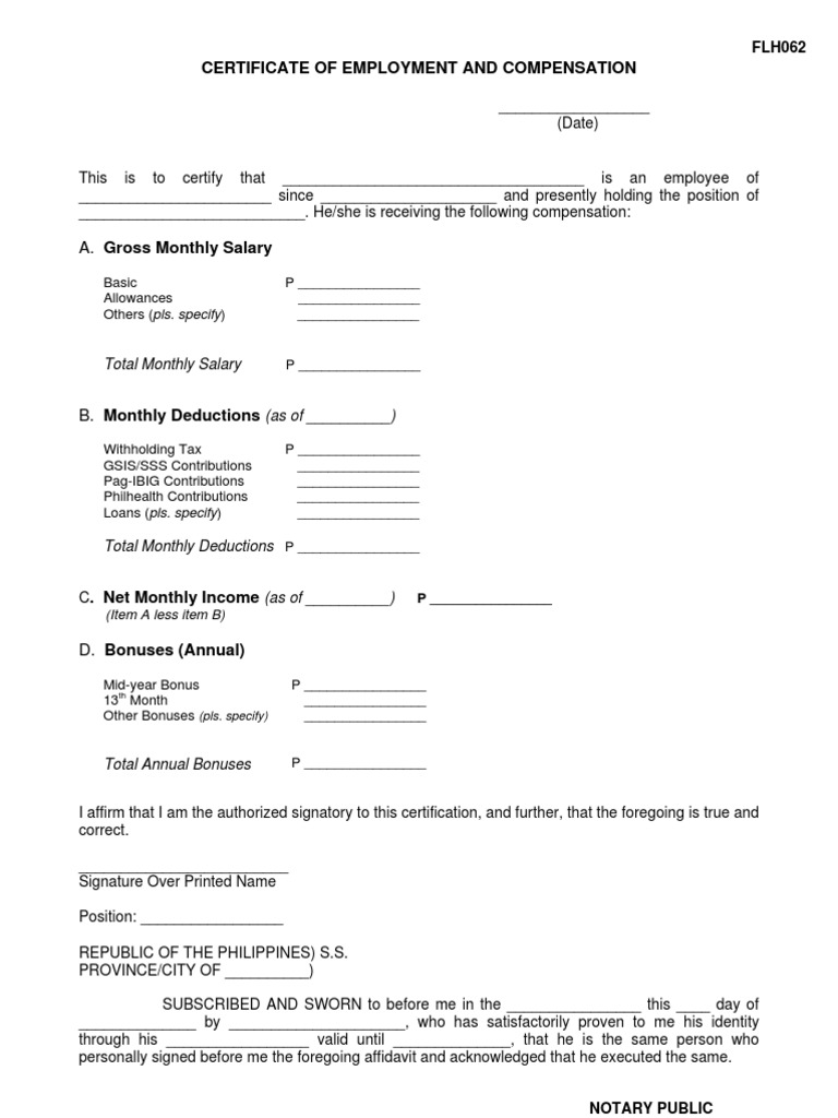 Certificate of Employment and Compensation