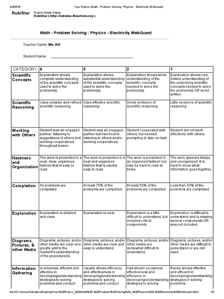 Your Rubric Math - Problem Solving Physics - Electricity Webquest | PDF ...