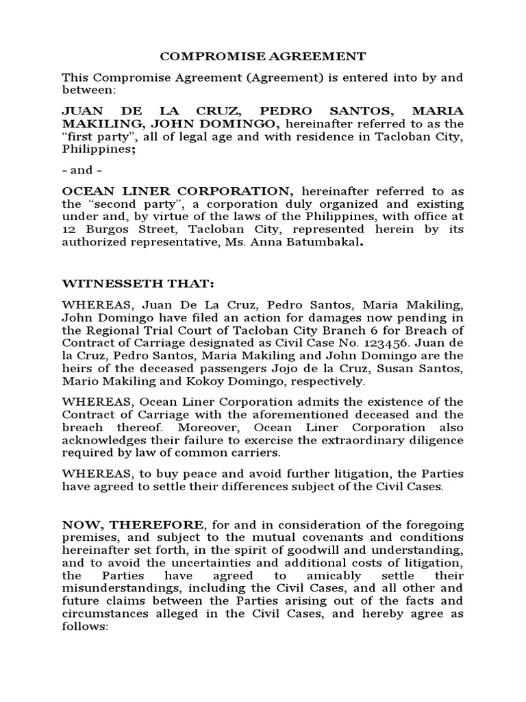 Compromise Agreement for Court Approval | Assignment (Law) | Settlement ...