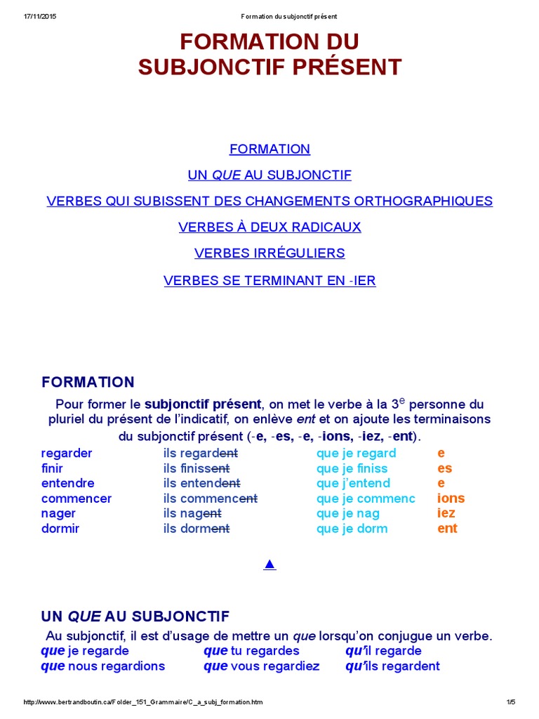 Formation du subjonctif présent | PDF | Verbe | Morphologie