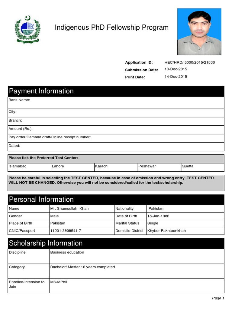 HEC Indigenous 5000 PhD. Scholarship Program - Application Form | PDF ...