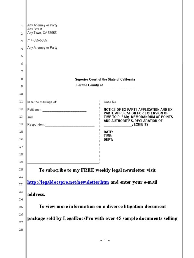 Sample Ex-Parte Application For Extension of Time To Plead For ...