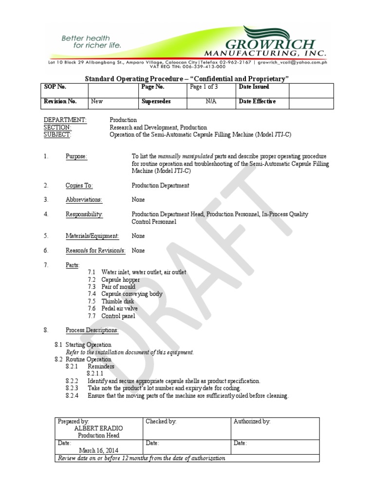 SOP - Operation of Semi-Automatic Capsule Filling Machine | PDF ...
