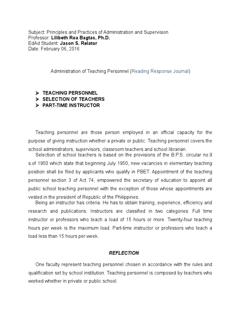 Teaching Personnel Selection of Teachers Part-Time Instructor | PDF