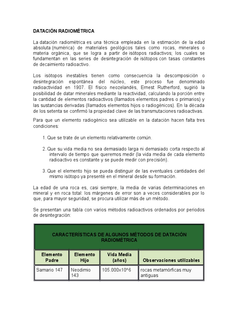 Datación Radiométrica | PDF | Desintegración radioactiva | Isótopo