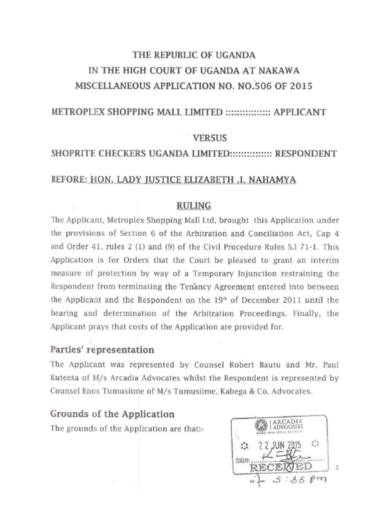 Ruling - Metroplex Shopping Mall Limited - Vs-Shoprite Checkers Uganda ...
