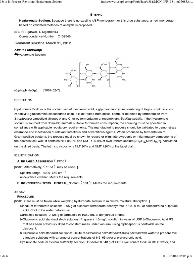 Proposed New Monograph for Hyaluronate Sodium Based on Validated ...