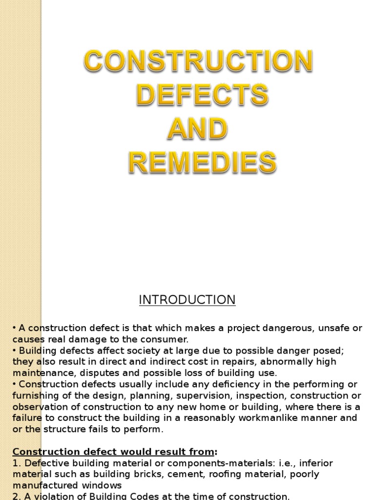 Construction Defects and Remedies Presentation | PDF | Masonry | Wall