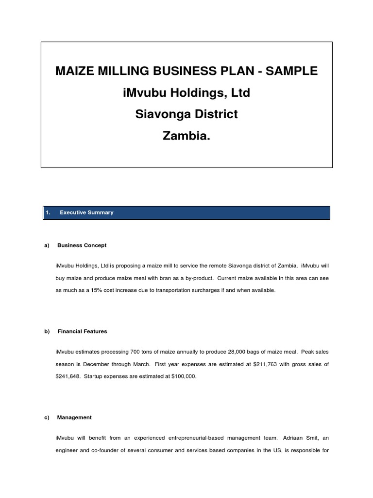 Maize Milling Business Plan Overview | PDF | Finance & Money Management
