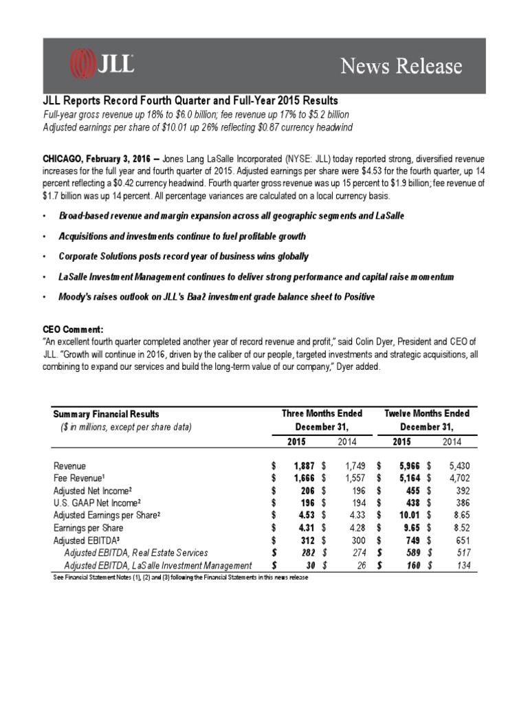 JLL Reports Record Fourth Quarter and Full-Year 2015 Results | PDF ...