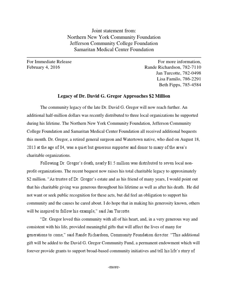 Legacy of Dr. David G. Gregor Approaches $2 Million | PDF | Service ...