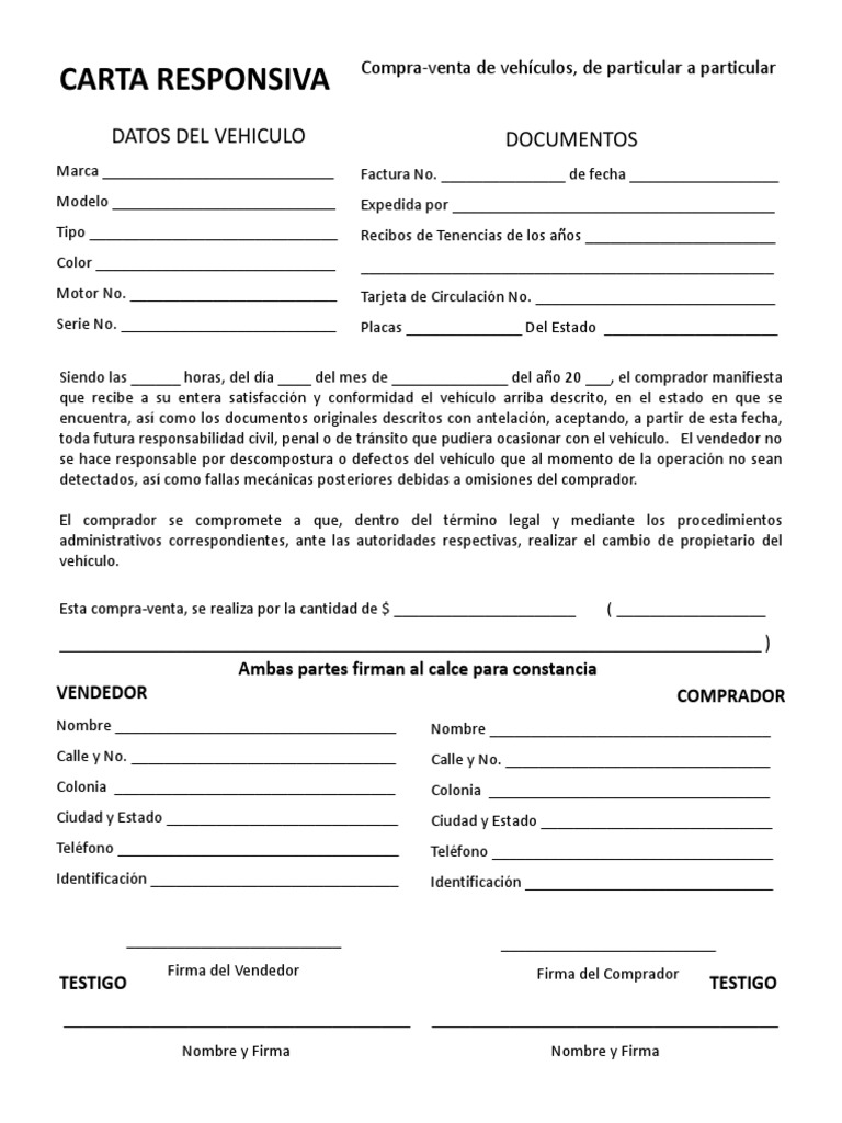 Carta Responsiva Compra Venta Vehículos | PDF