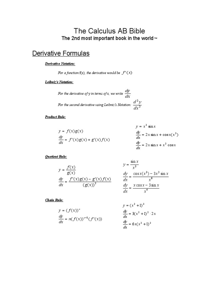 The Calculus AB Bible: Derivative Formulas | PDF | Derivative | Logarithm