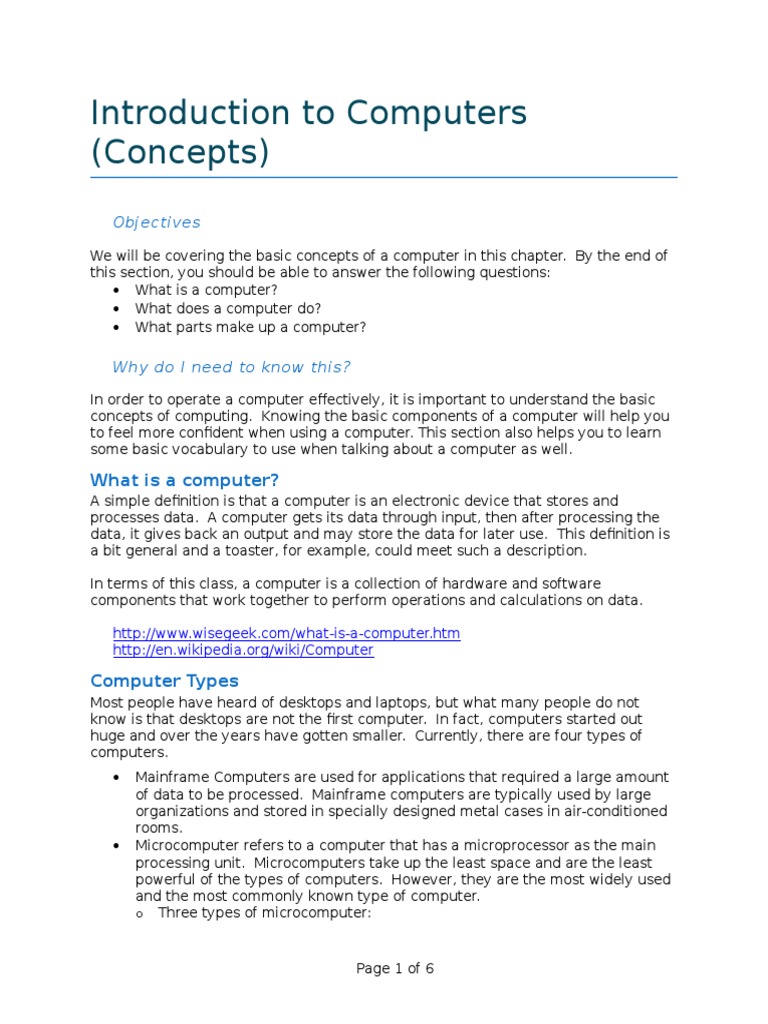 Introduction To Computers (Concepts) : Objectives | PDF | Computer Data Storage | Microcomputers
