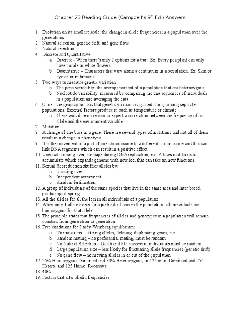 AP Biology Chapter 23 Answers | PDF | Natural Selection | Allele