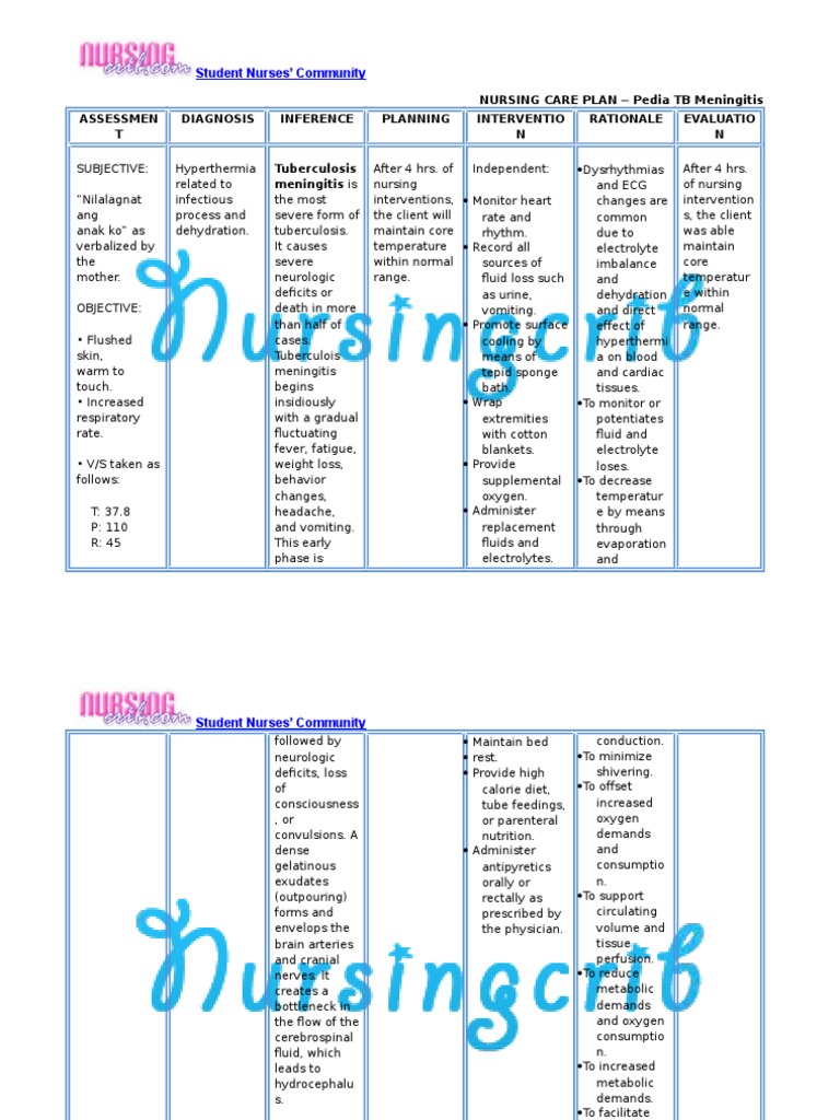 Nursing Care Plan For Pedia TB Meningitis NCP | PDF