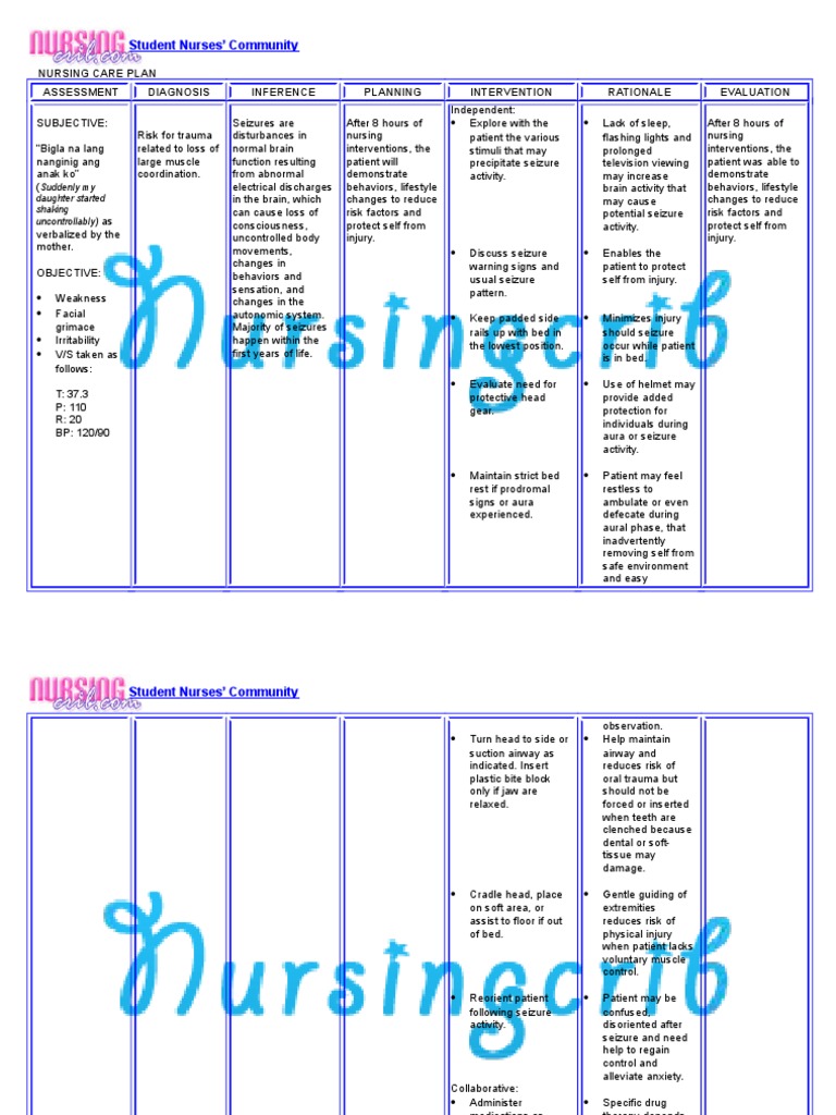 Nursing Care Plan For Seizure NCP | PDF | Nursing | Risk Nursing Care Plan For Seizure NCP | PDF | Nursing | Risk