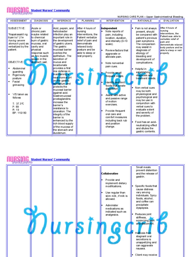 Nursing Care Plan For Upper Gastrointestinal Bleeding NCP | PDF ...