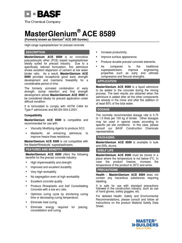 MasterGlenium ACE 8589 (G389) - TDS - MY | PDF | Concrete | Industries