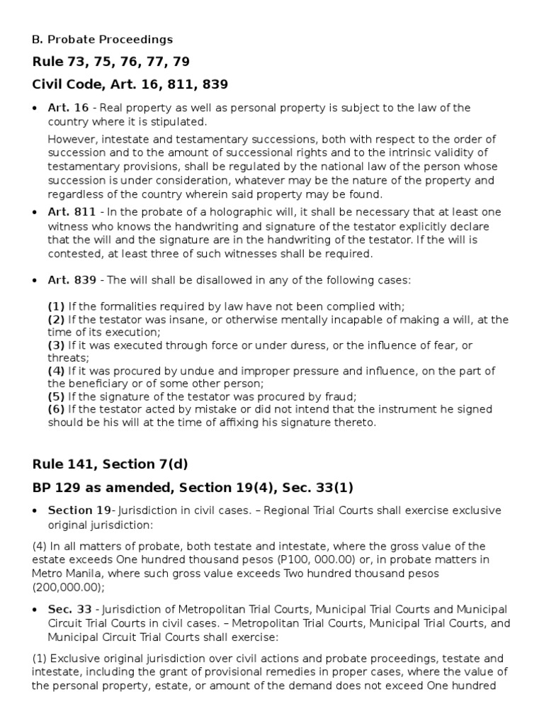 Rule 73, 75, 76, 77, 79 Civil Code, Art. 16, 811, 839 | PDF | Will And ...