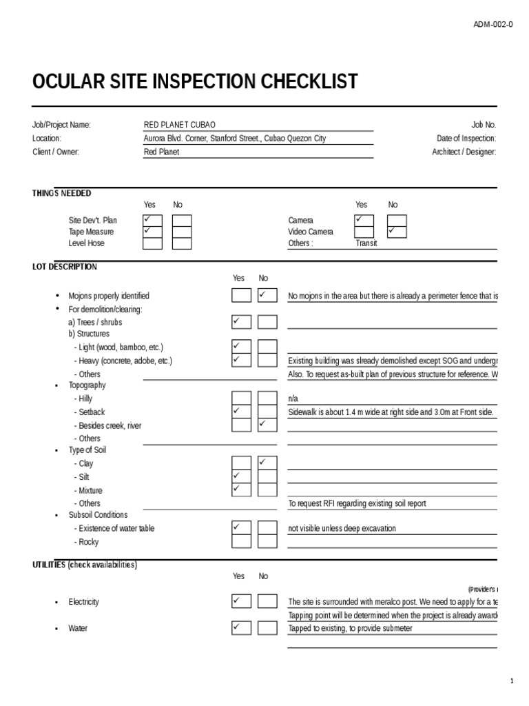 Ocular Site Inspection Checklist for the Red Planet Cubao Project | PDF ...