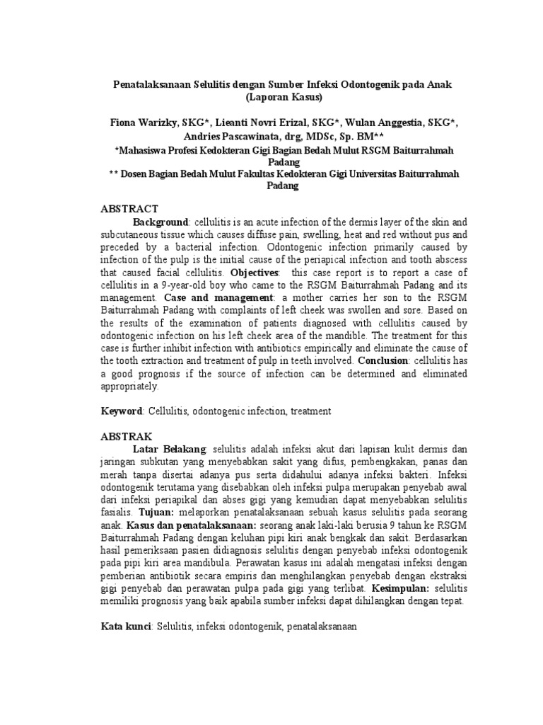 Laporan Kasus Penanganan Selulitis Dengan Sumber Infeksi Odontogenik ...