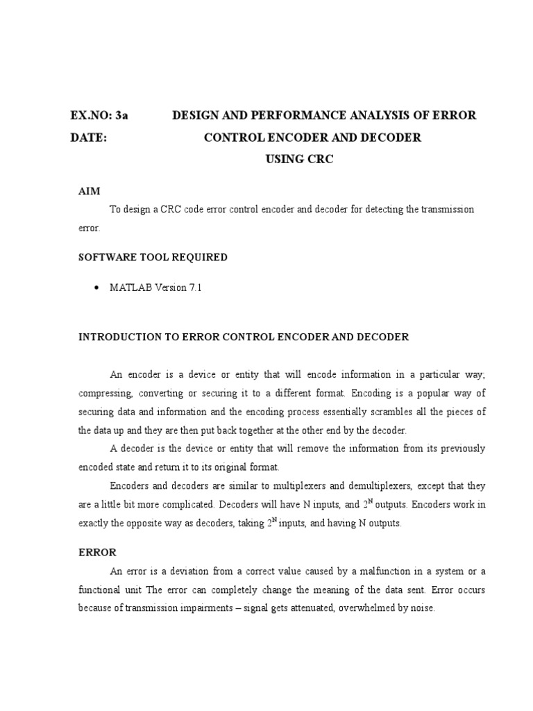 Ex No 3a Design And Performance Analysis Of Error Date Control Encoder And Decoder Using Crc