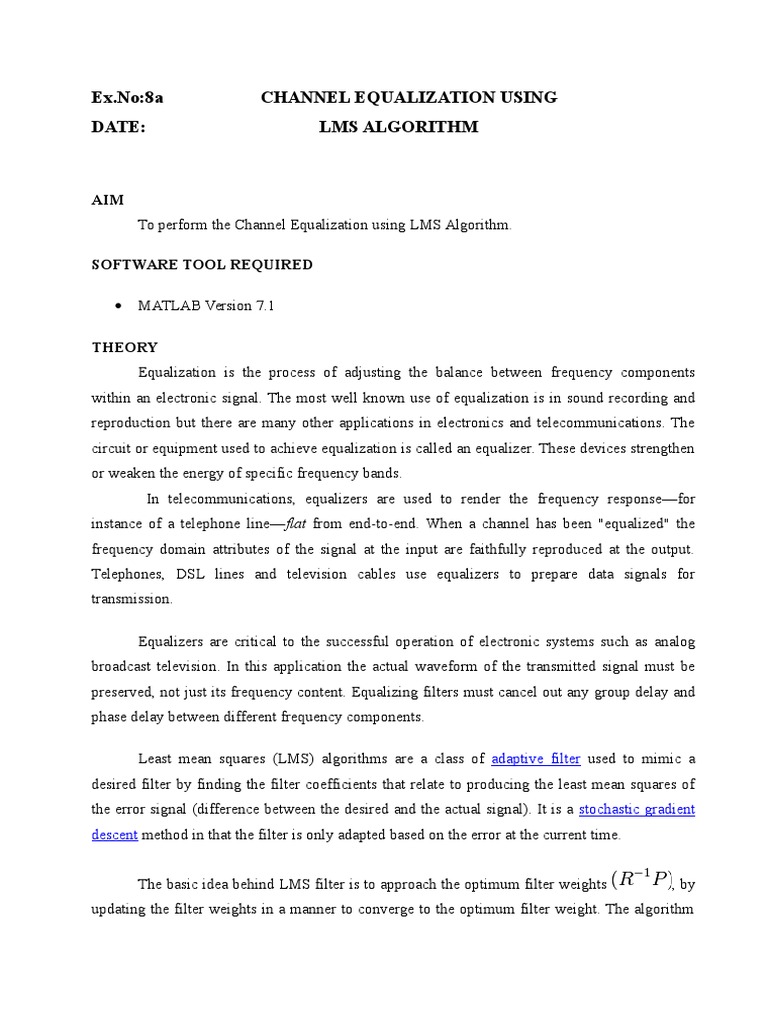 Ex - No:8a Date: Channel Equalization Using Lms Algorithm: Adaptive Filter | PDF | Equalization ...