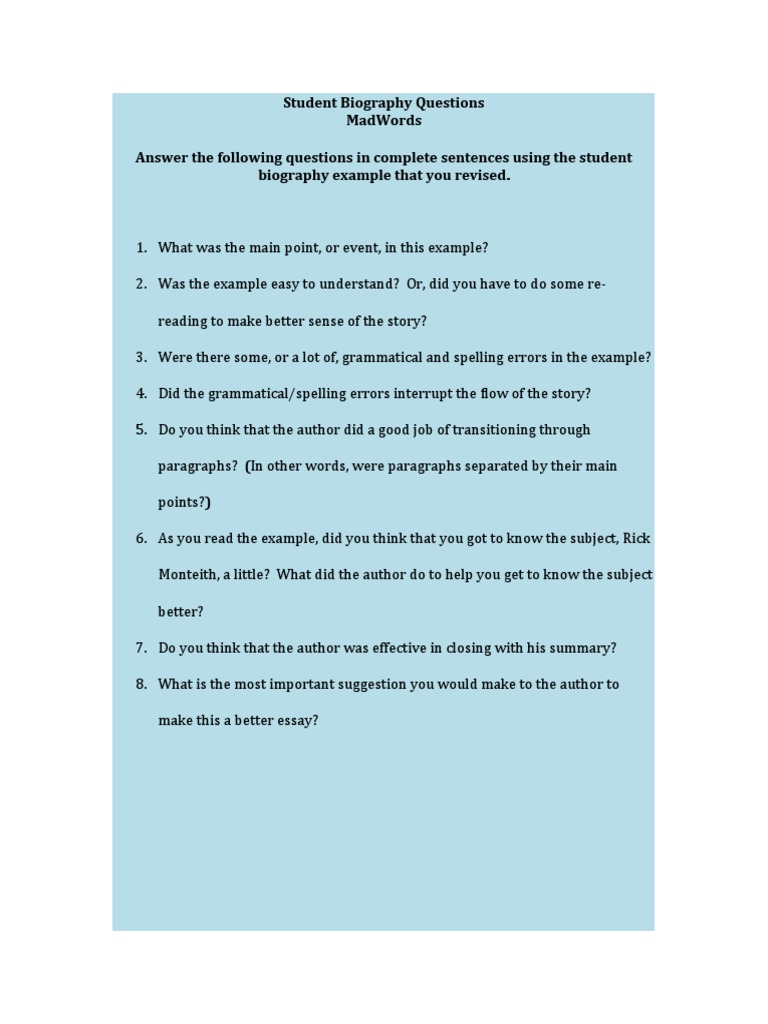 Student Example: Biography Questions | PDF