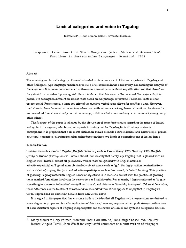 Lexical categories and voice in Tagalog | PDF | Part Of Speech | Phrase
