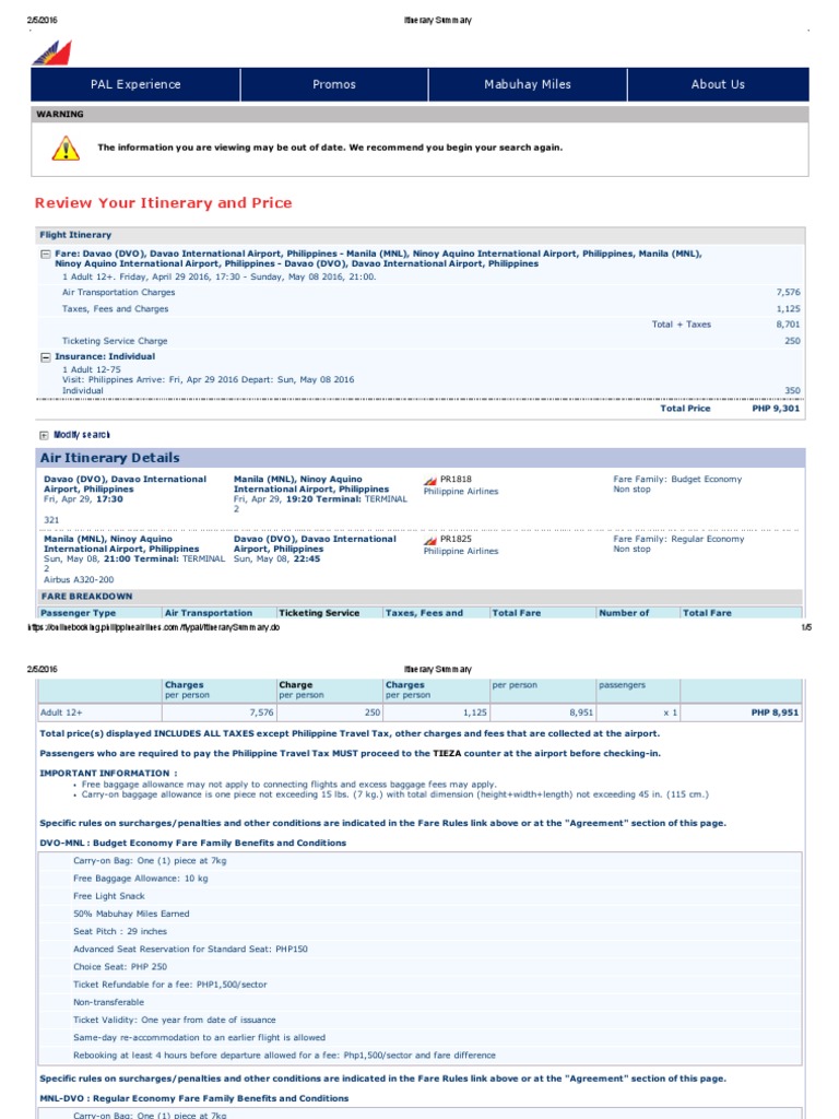 Review Your Itinerary and Price: PAL Experience Promos Mabuhay Miles ...