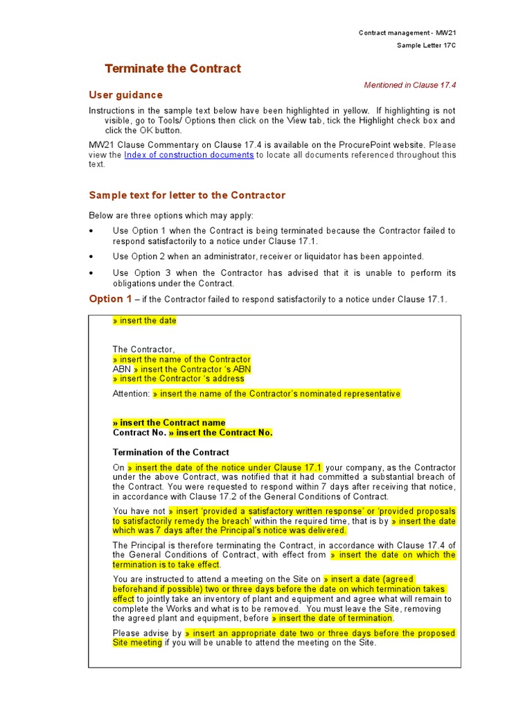 Termination Procedures for MW21 Contract | PDF | General Contractor | Mail