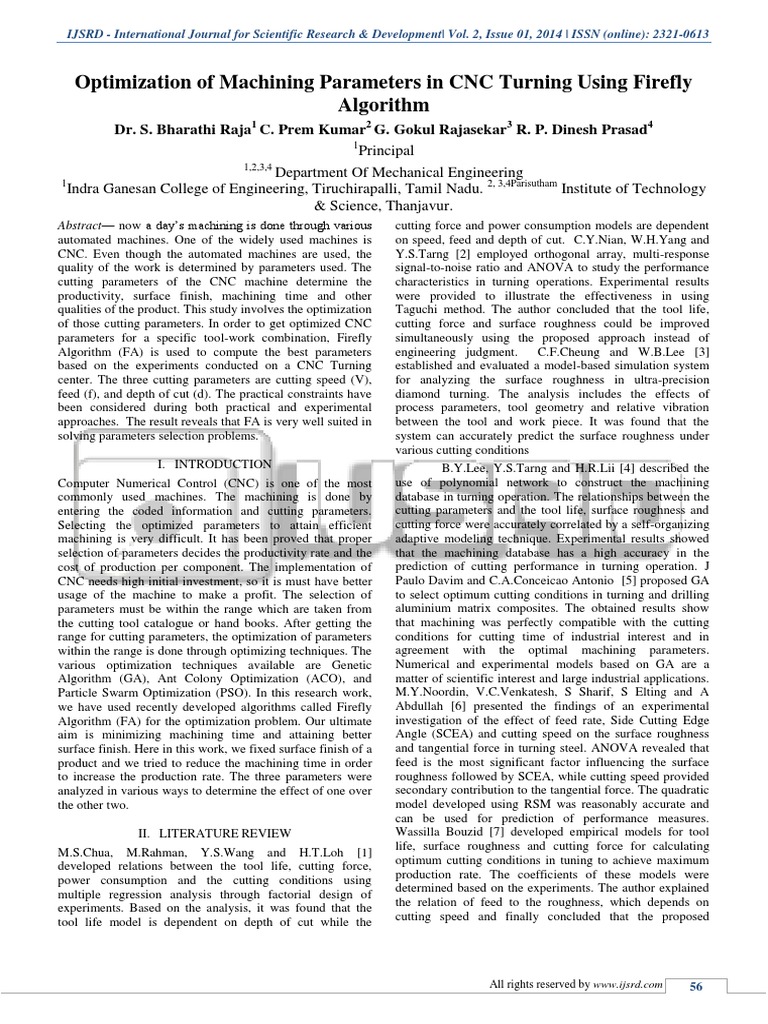 Optimization of Machining Parameters in CNC Turning Using Firefly Algorithm | PDF | Machining ...