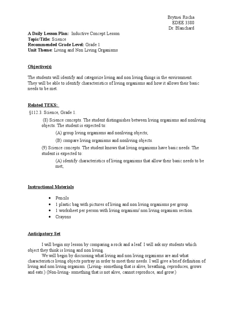 A Daily Lesson Plan: Inductive Concept Lesson Topic/Title: Science ...