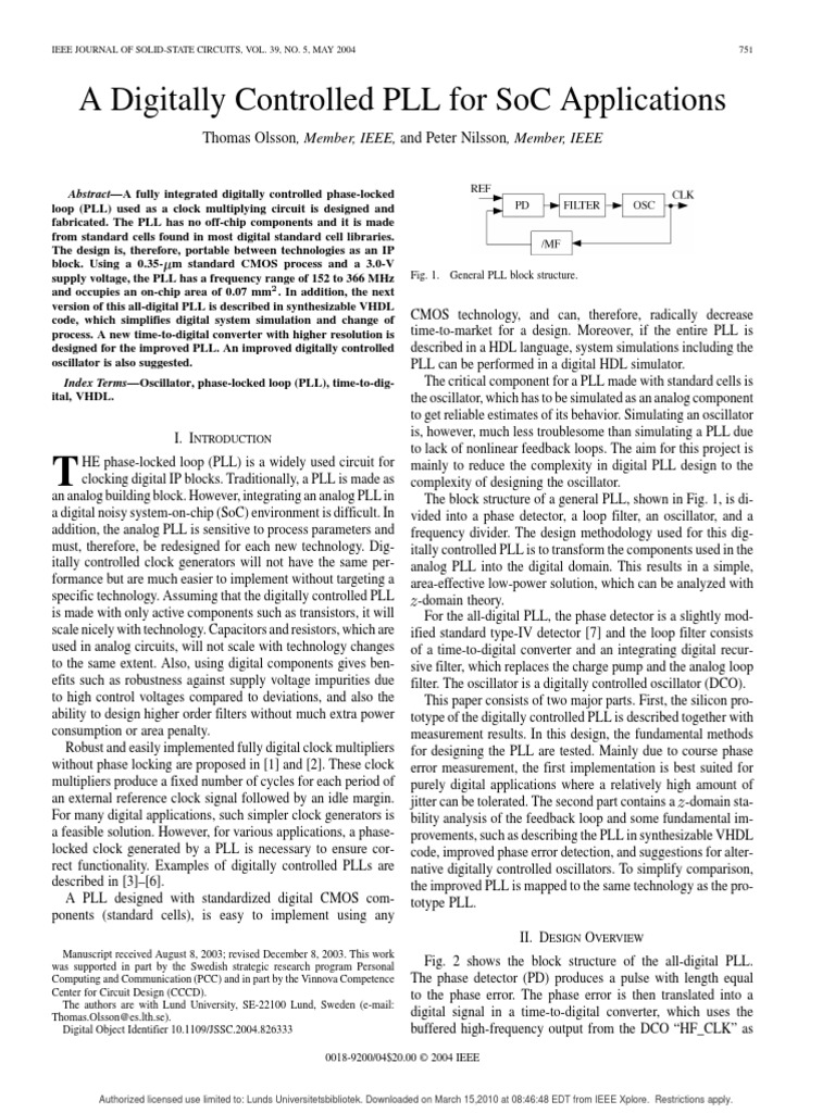 A Digitally Controlled PLL For Soc Applications: Thomas Olsson, Member, Ieee, and Peter Nilsson ...