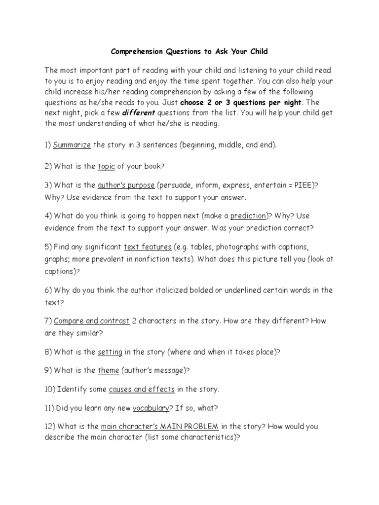 Comprehension Questions for Parents | PDF | Reading Comprehension ...