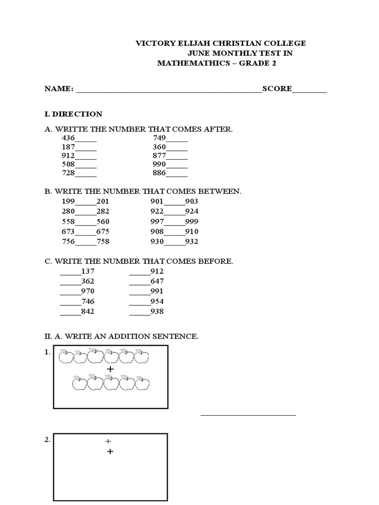 Grade 2 Mathematics Test | PDF | Division (Mathematics) | Elementary ...