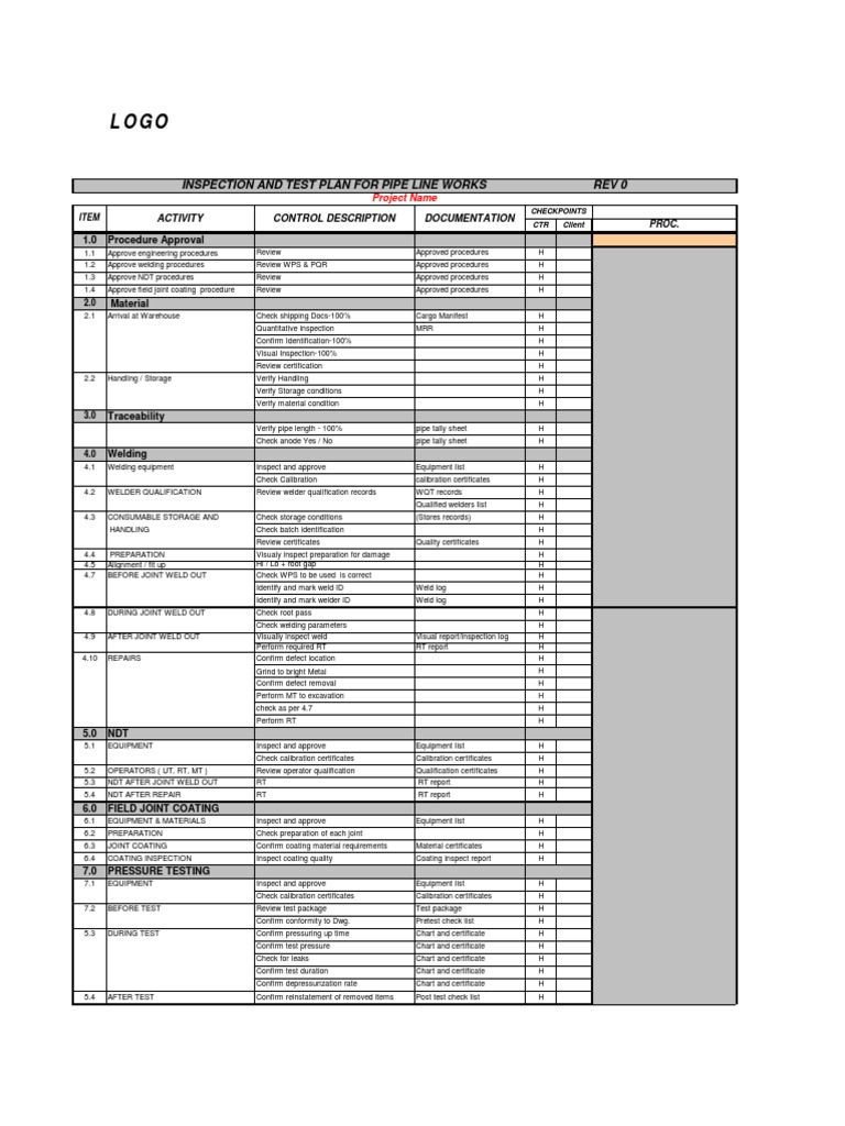 Inspection and Test Plan For Pipe Line Works Rev 0 | Download Free PDF ...