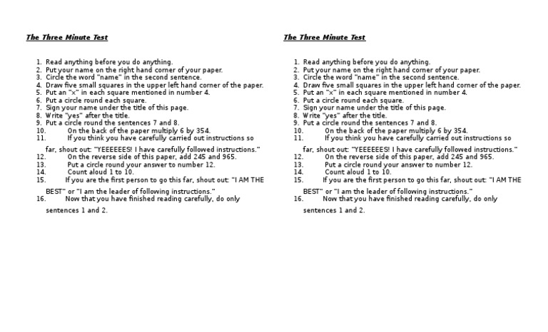 Three Minute Following Directions Test | PDF | Sports & Recreation ...