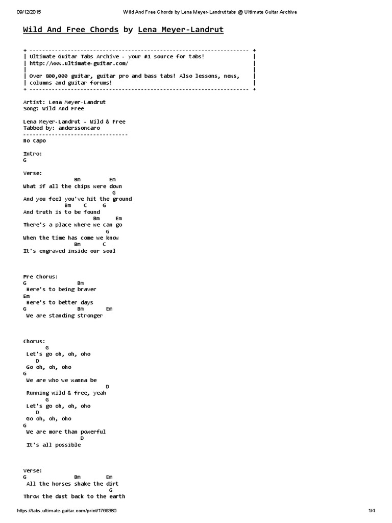 Wild and Free Chords by Lena Meyer-Landrut Tabs at Ultimate Guitar ...