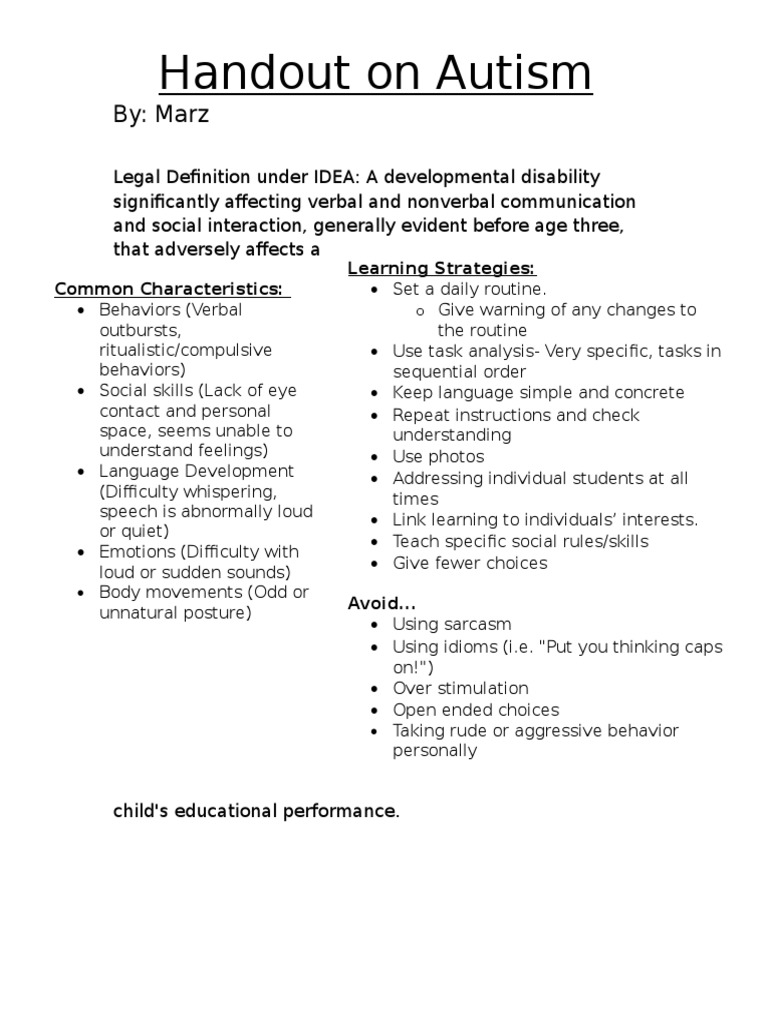 Autism Handout | PDF | Self-Improvement | Wellness