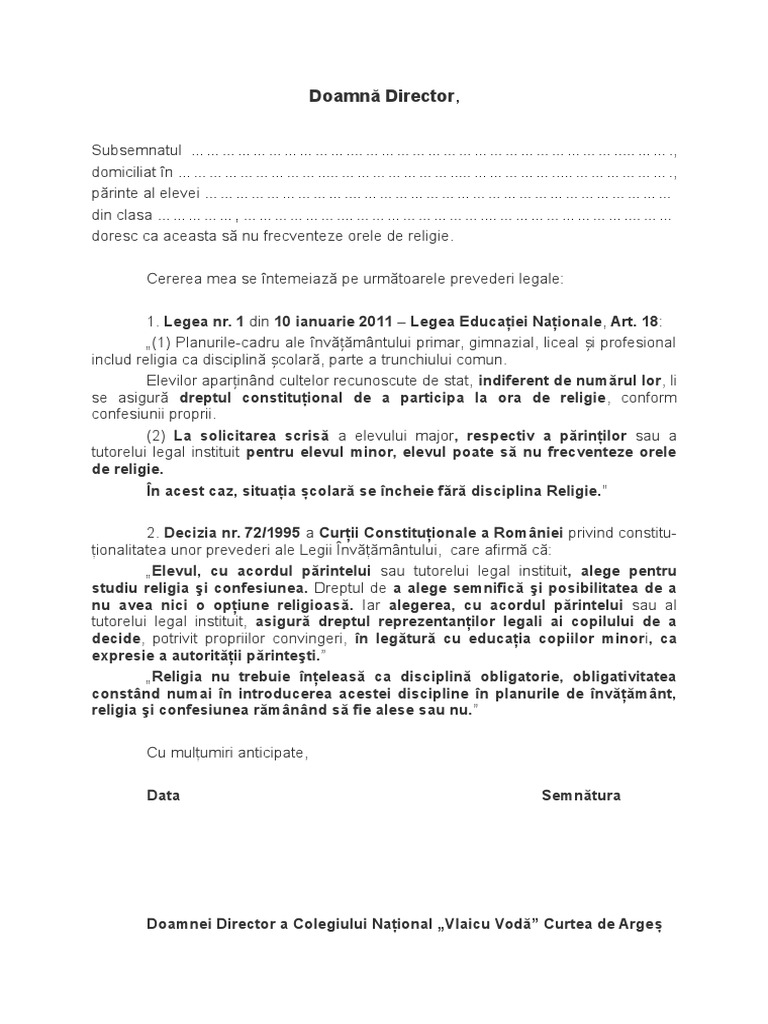 Formular Cerere Scutire Ora Religie | PDF