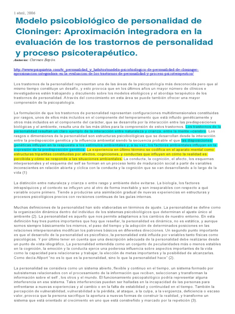 Modelo Psicobiológico de Personalidad de Cloninger | PDF | Sicología ...