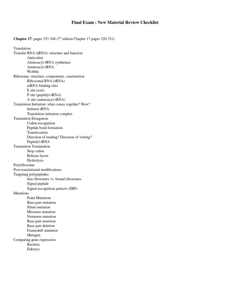 311C F09 Final Exam Review Checklist | PDF | Regulation Of Gene ...